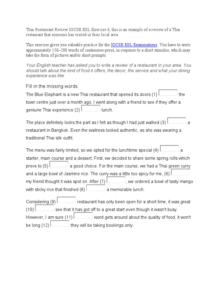 Thai Restaurant Review for IGCSE ESL | PDF