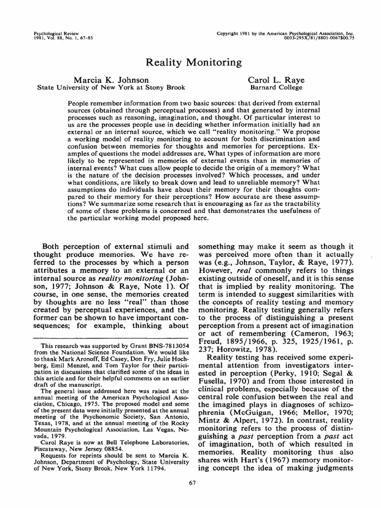 Reality Monitoring PDF | PDF | Memory | Perception