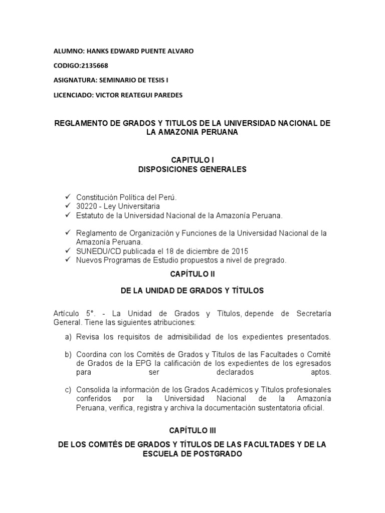 Reglamento de Grados y Titulos de La Universidad Nacional de La Amazonia Peruana | PDF | Titulo ...