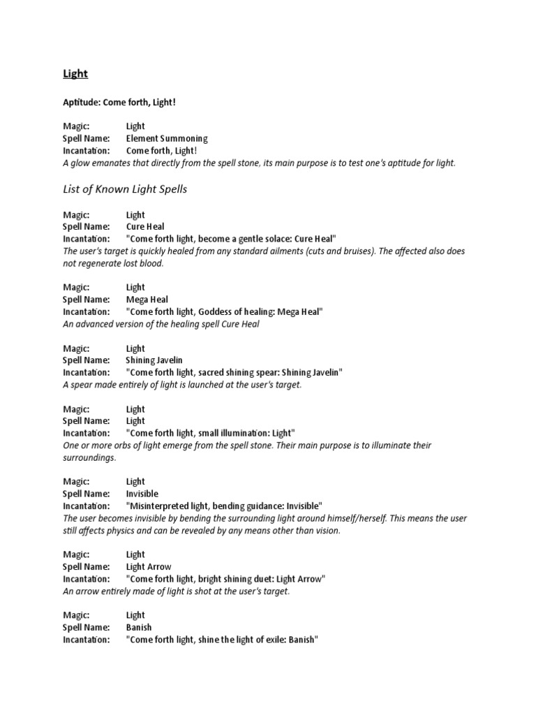 Light: List of Known Light Spells | PDF