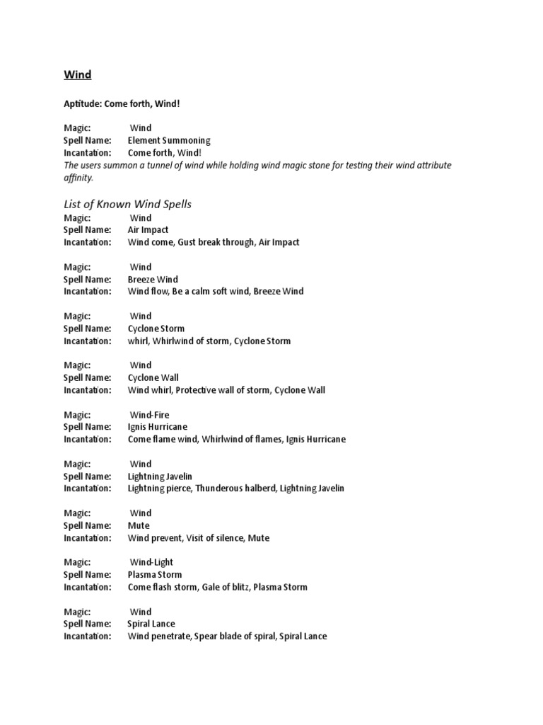 List of Known Wind Spells: Aptitude: Come Forth, Wind! | PDF