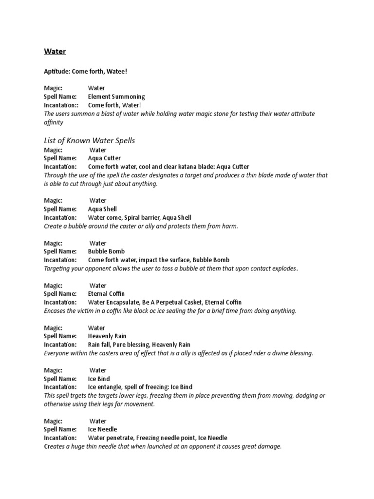 Water: List of Known Water Spells | PDF | Ice | Water