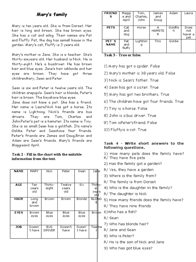 Reading Comprehension A1 Present | PDF