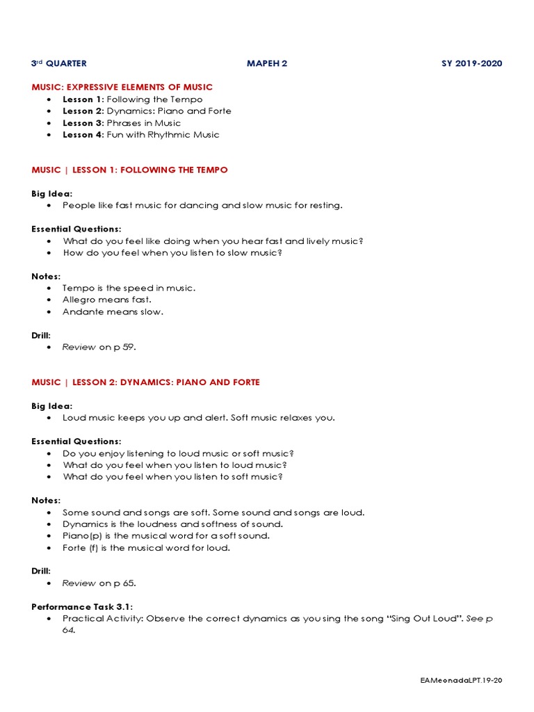 Lesson 1: Following The Tempo Lesson 2: Dynamics: Piano and Forte ...