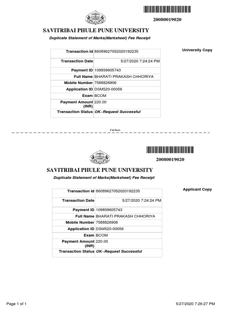 Savitribai Phule Pune University: Duplicate Statement of Marks (Marksheet) Fee Receipt | PDF
