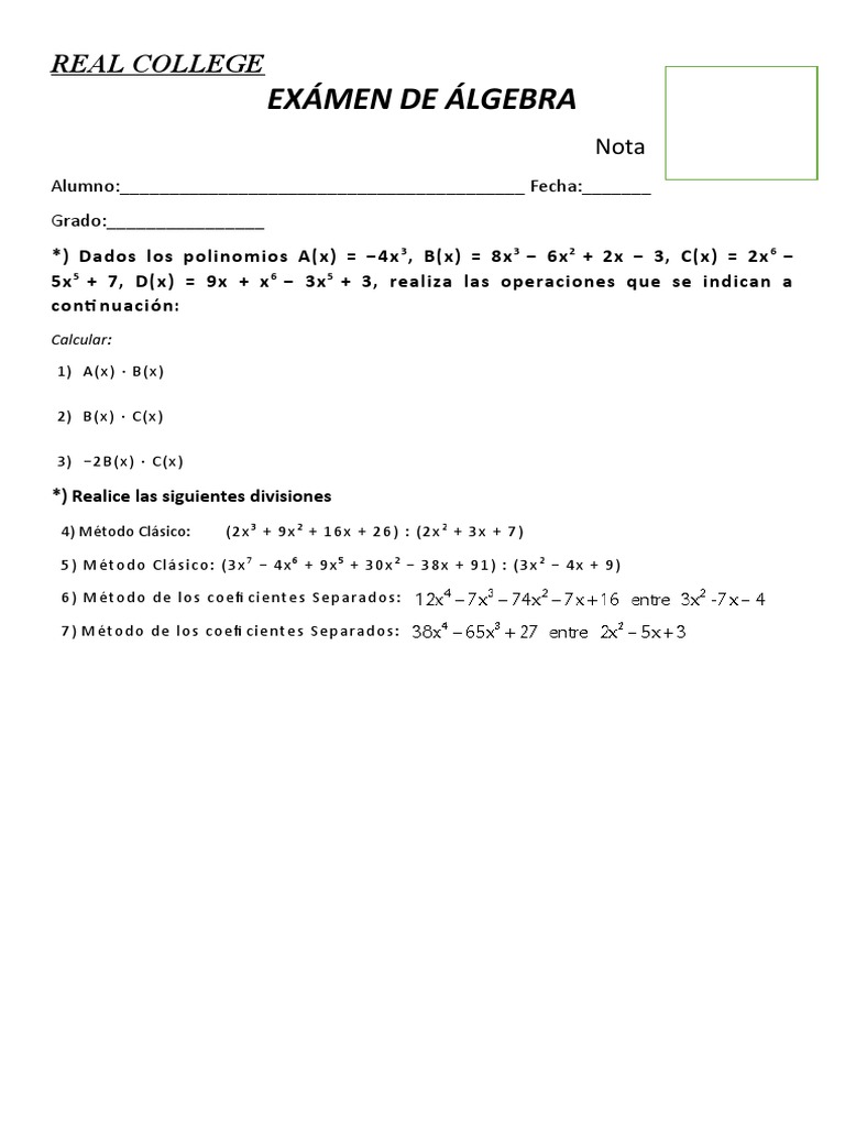 Exámen de Algebra - 2° | PDF