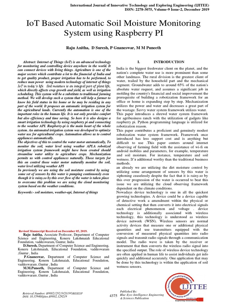 Iot Based Automatic Soil Moisture Monitoring System Using Raspberry Pi | PDF | Internet Of ...