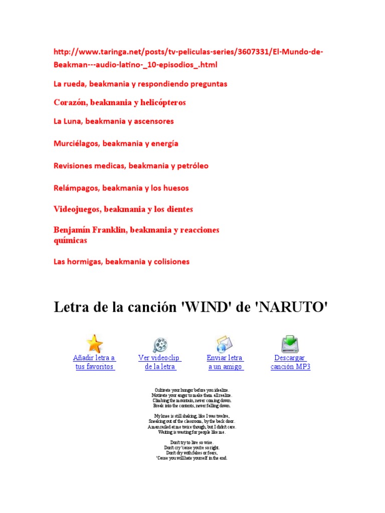 Letra de La Canción 'WIND' de 'NARUTO' | PDF