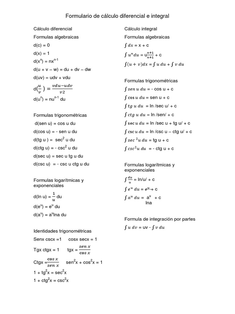 Formulario Calculo Diferencial e Integral | PDF