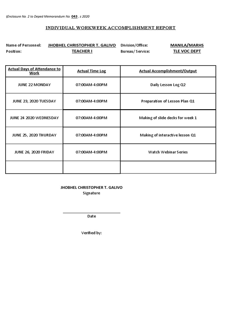 Individual Workweek Accomplishment Report: Actual Time Log Actual ...