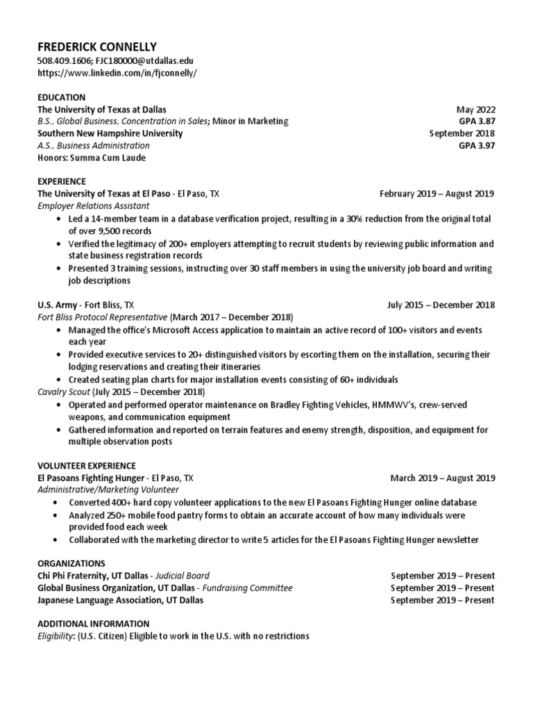 Connelly Frederick Resume | PDF | University Of Texas At Dallas | Business