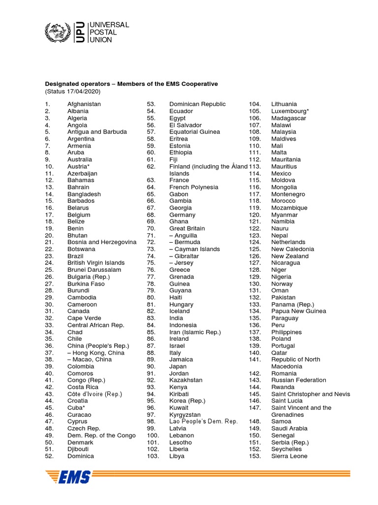 Universal Postal Union: Designated Operators - Members of The EMS ...