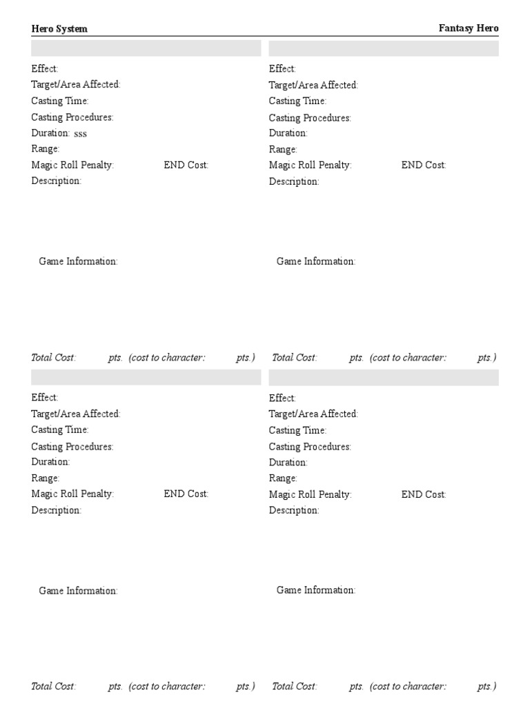 Hero System Fantasy Hero: Total Cost: Pts. (Cost To Character: PTS ...