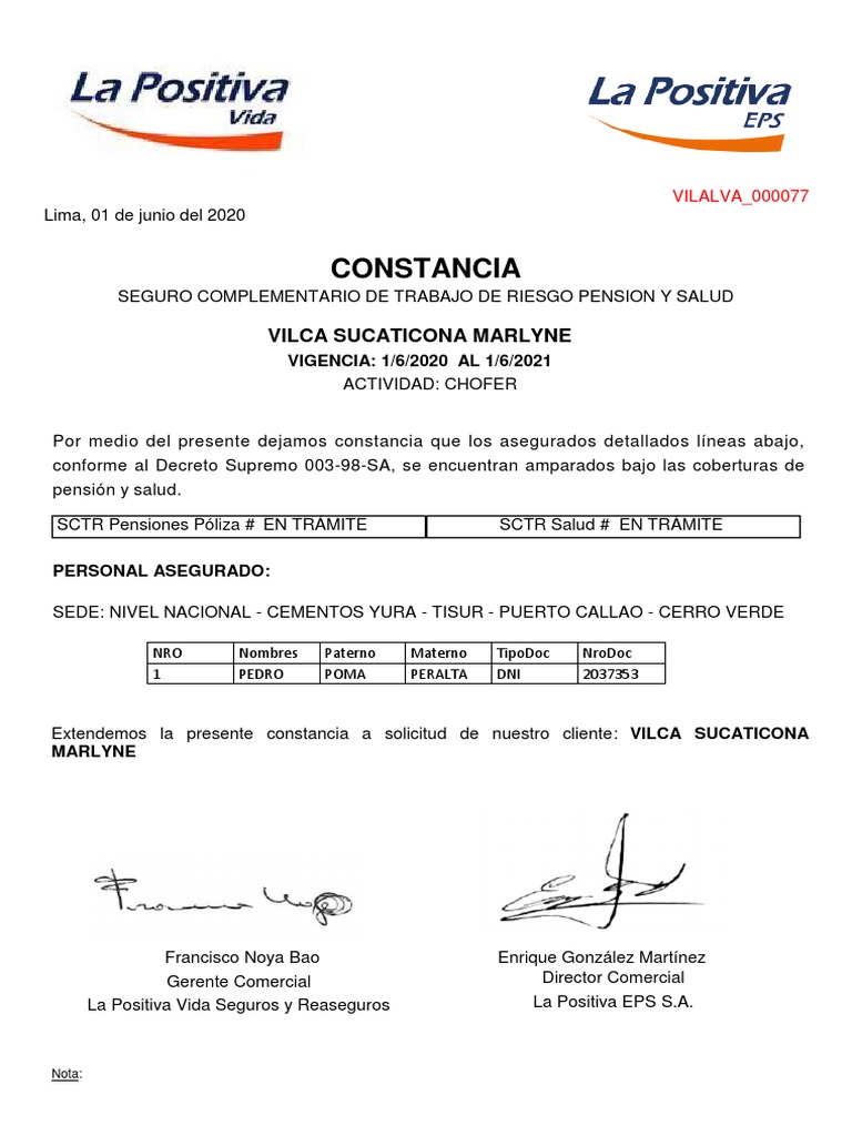 Constancia - SCTR - Unificada 01062020 - 122743 | PDF | Reaseguro | Póliza de seguros