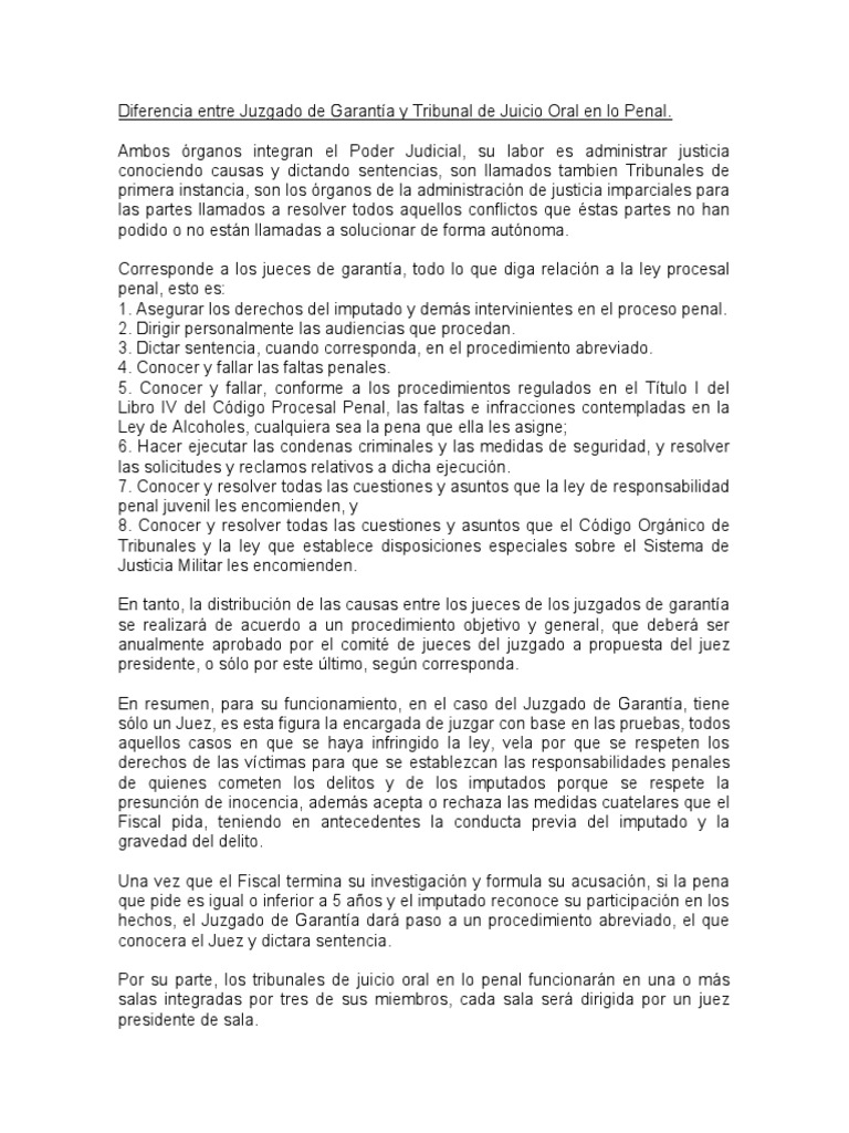 Diferencia Entre Tribunal de Garantía y de Juicio Oral en Lo Penal ...