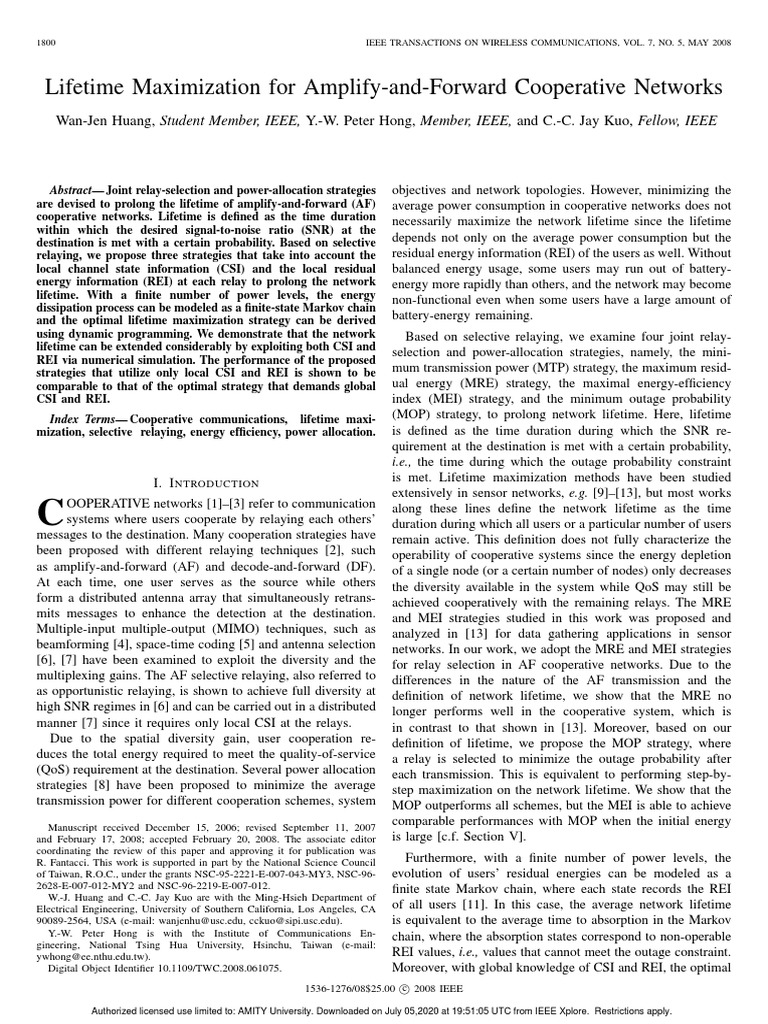 Lifetime Maximization For Amplify-and-Forward Cooperative Networks | PDF | Mimo | Mathematical ...