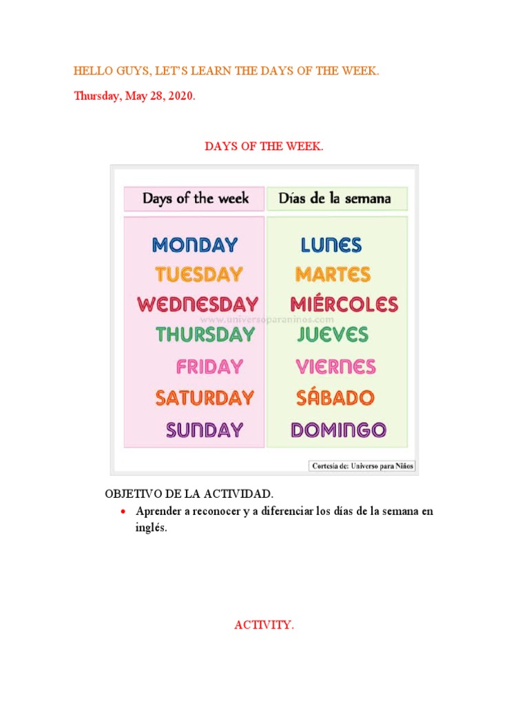 Days of The Week Grade 2 | PDF