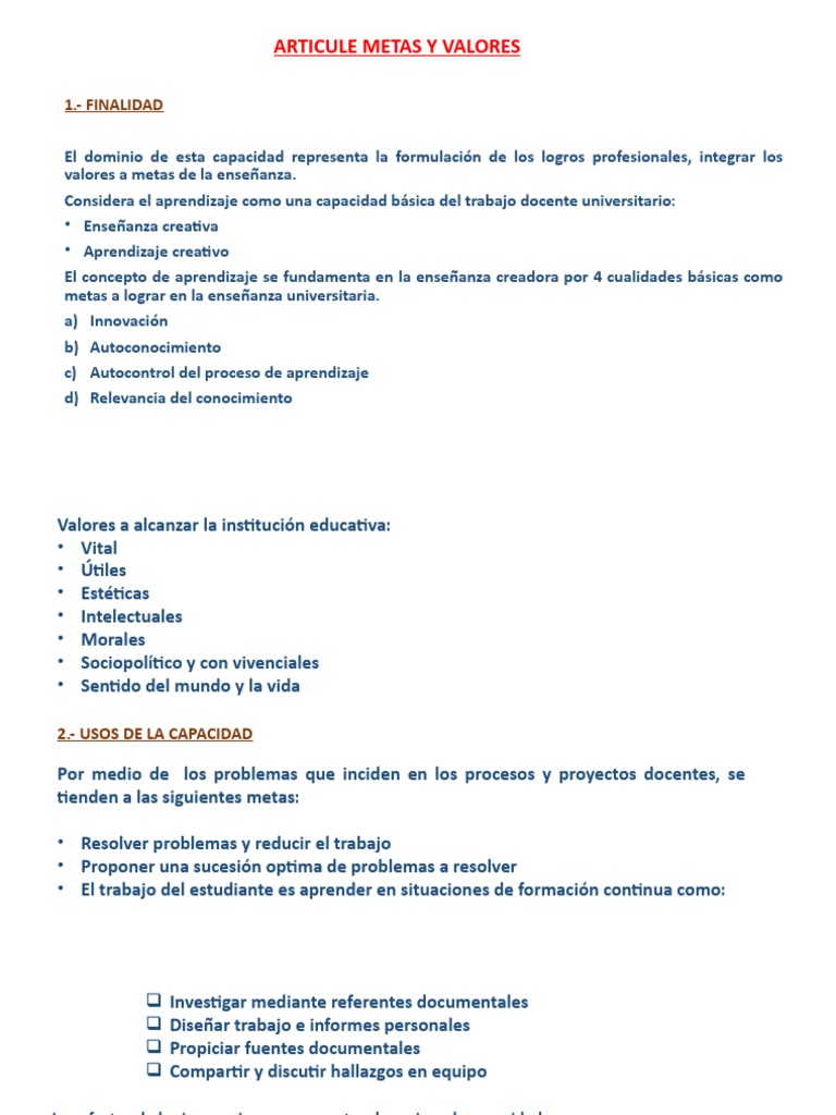 Valores y Metas | PDF | Plan de estudios | Aprendizaje
