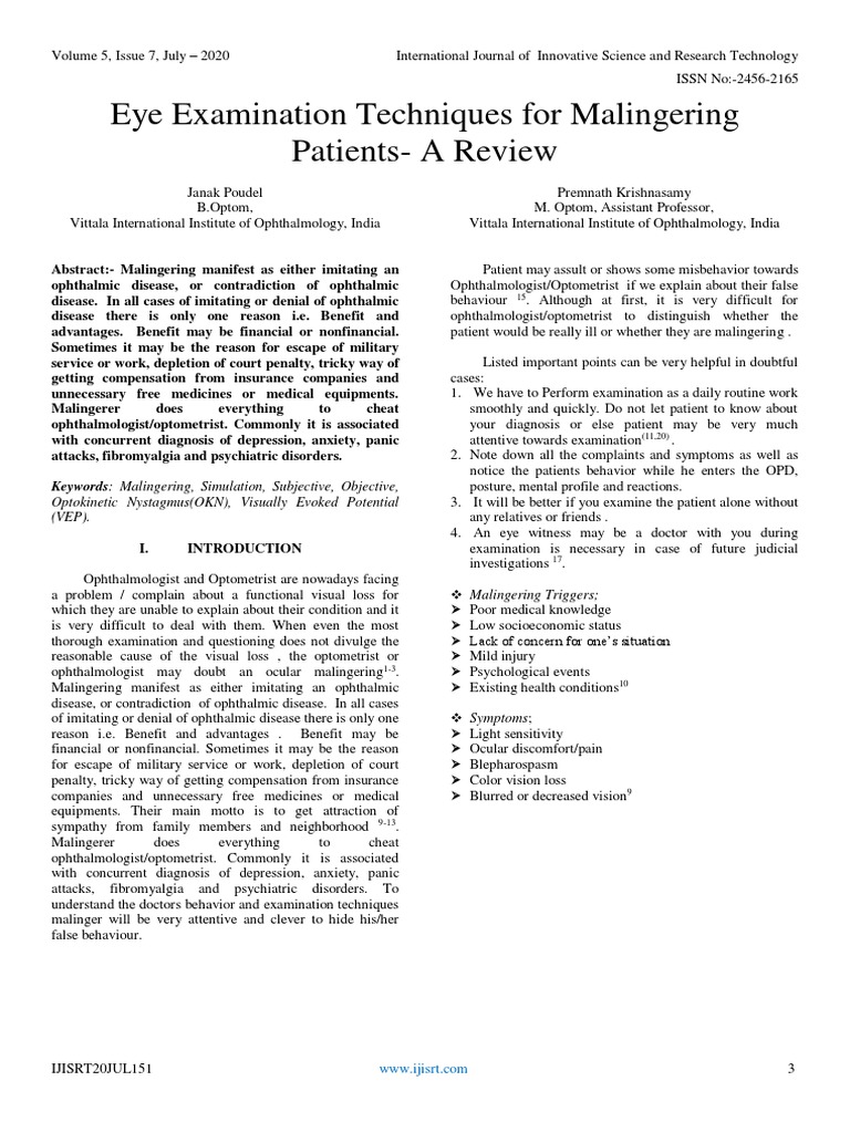 Eye Examination Techniques For Malingering Patients - A Review | PDF ...