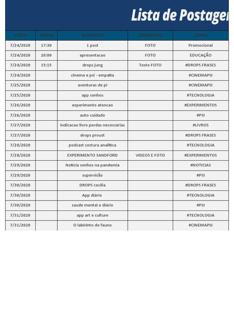 Planilha Controle de Postagens Com CALENDARIO | PDF