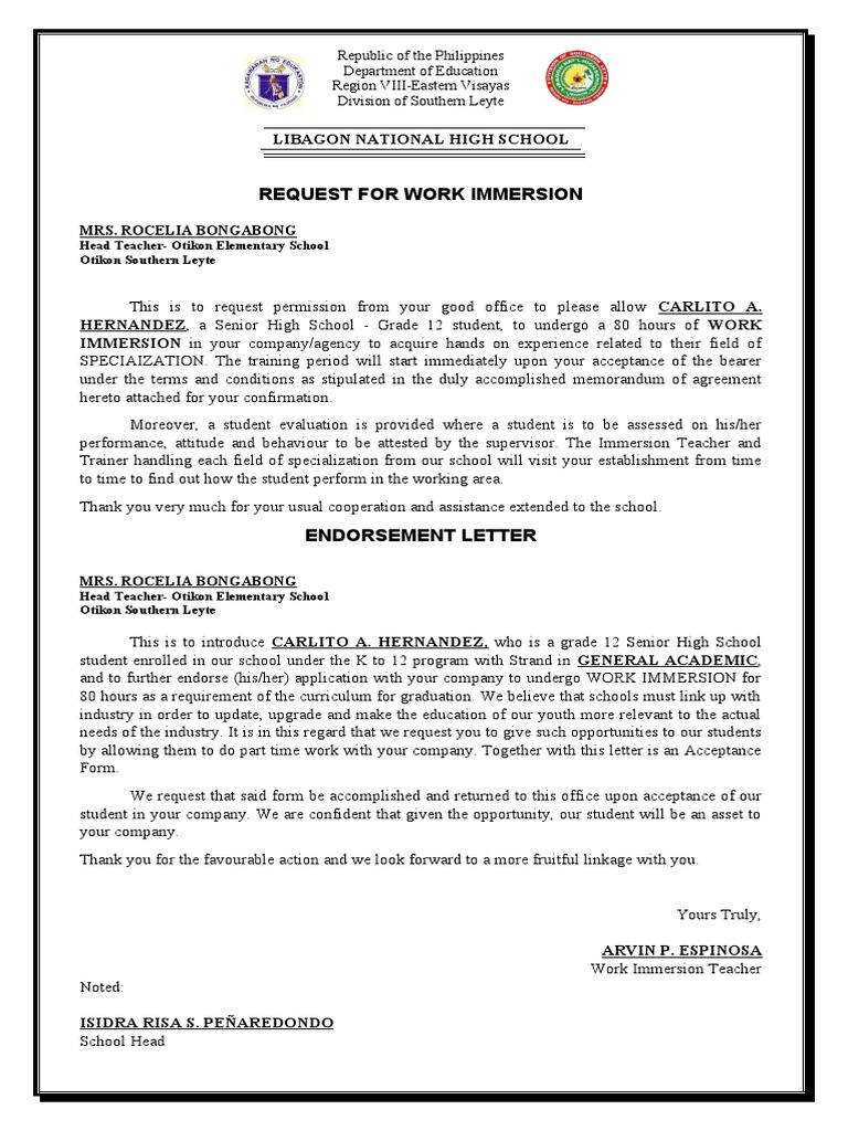 Request For Work Immersion | PDF | Cognition | Behavior Modification