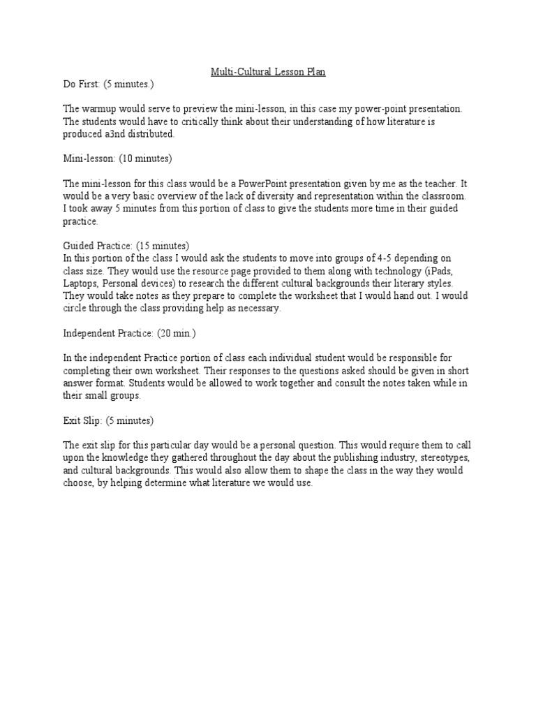 Multicultural Lesson Plan 280 | PDF | Multiculturalism | Lesson Plan