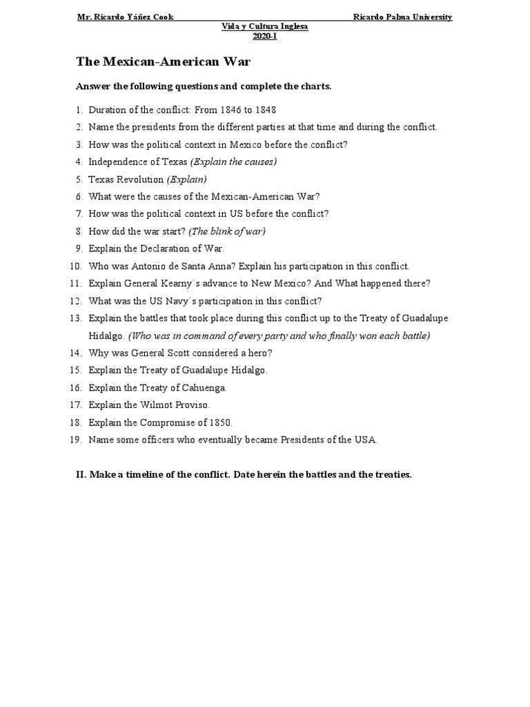 The Mexican-American War: Answer The Following Questions and Complete ...