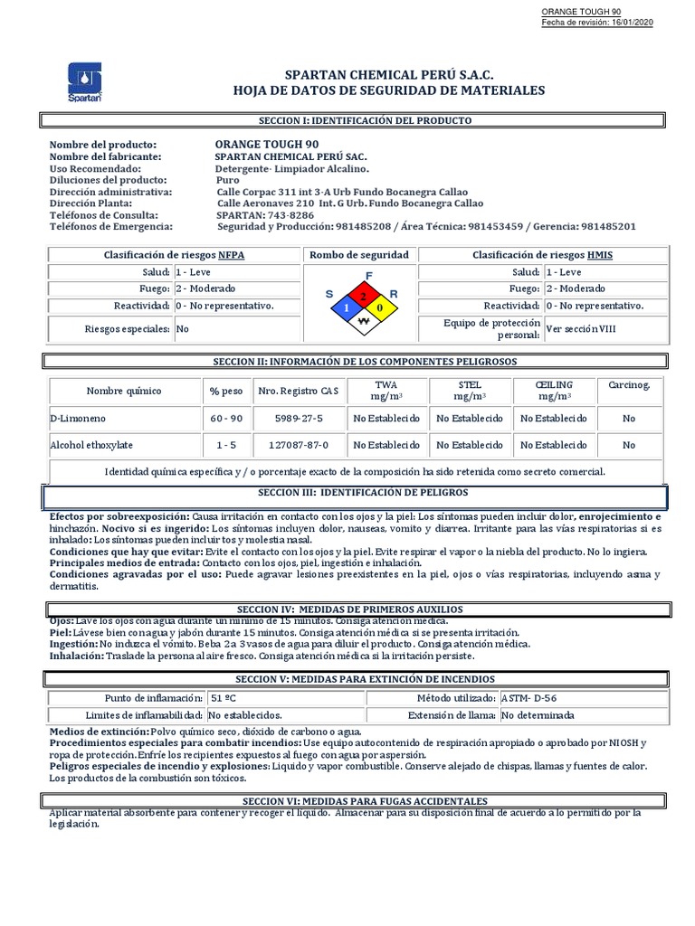 Orange Tough 90 - MSDS | PDF | Carbón | Agua
