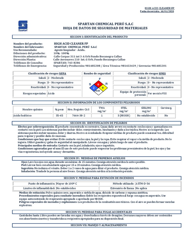 High Acid Cleaner FP - MSDS | PDF | Agua | Sustancias químicas