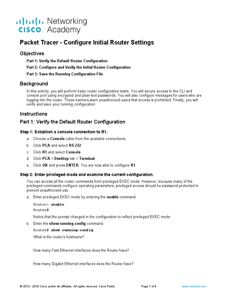 10.1.4 Packet Tracer - Configure Initial Router Settings | PDF | Command Line Interface | Router ...
