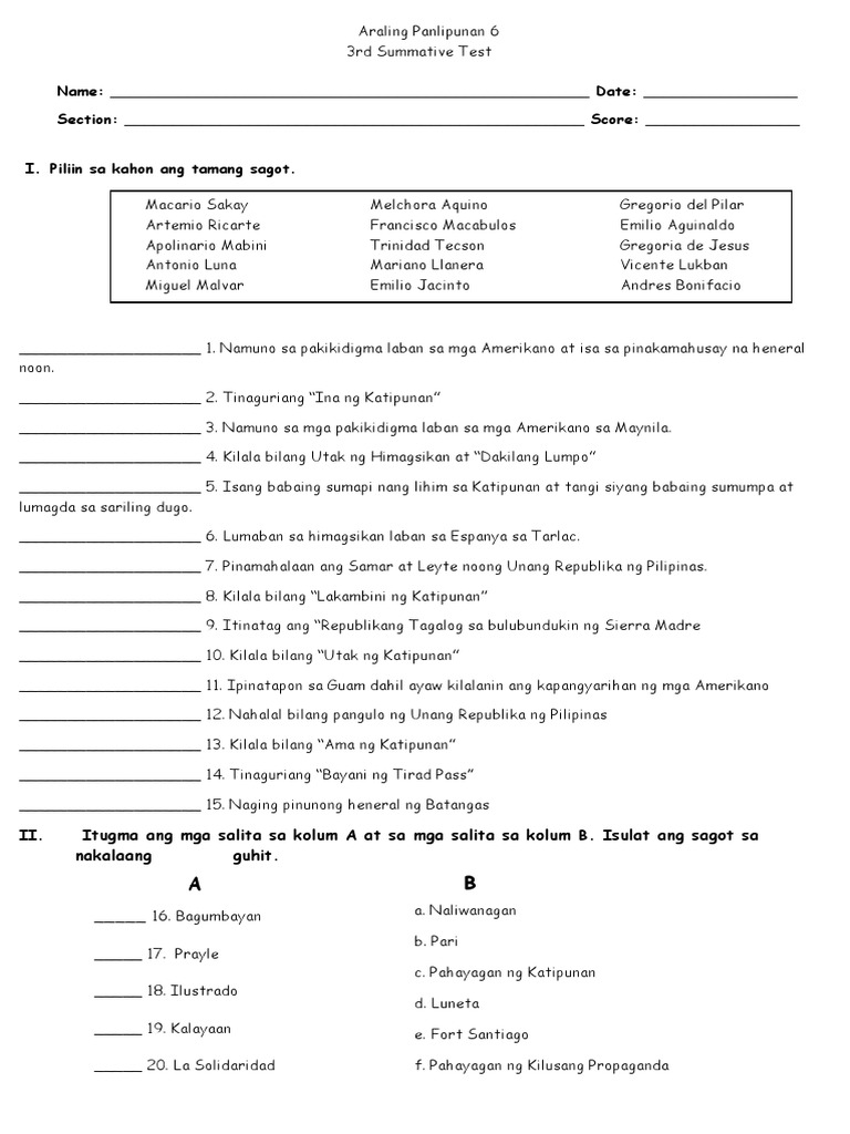 3rd Summative Exam Araling Panlipunan | PDF