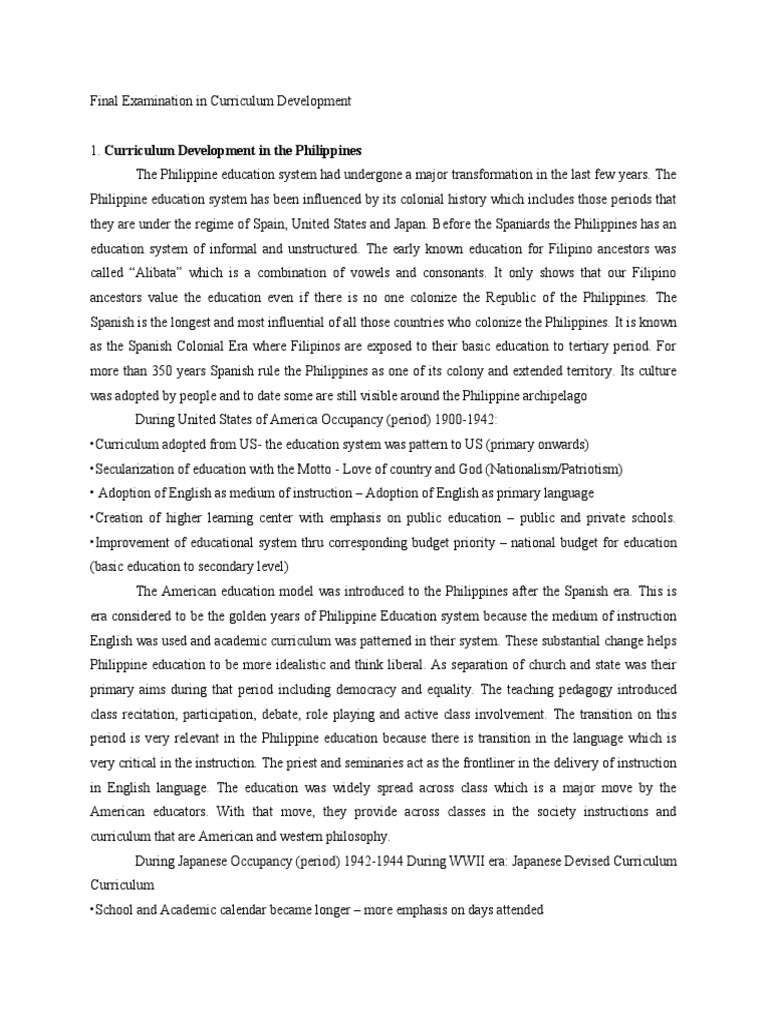 Final Examination in Curriculum Development | PDF | Curriculum | Teachers