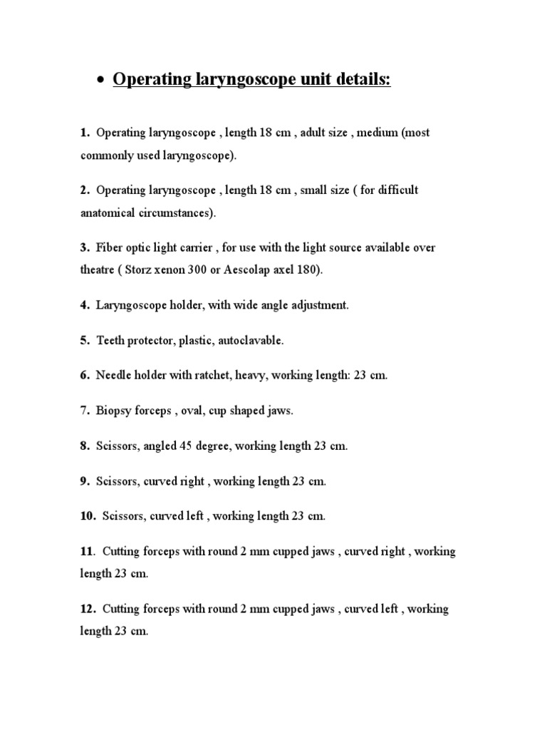 Laryngoscope Unit Equipment List | PDF