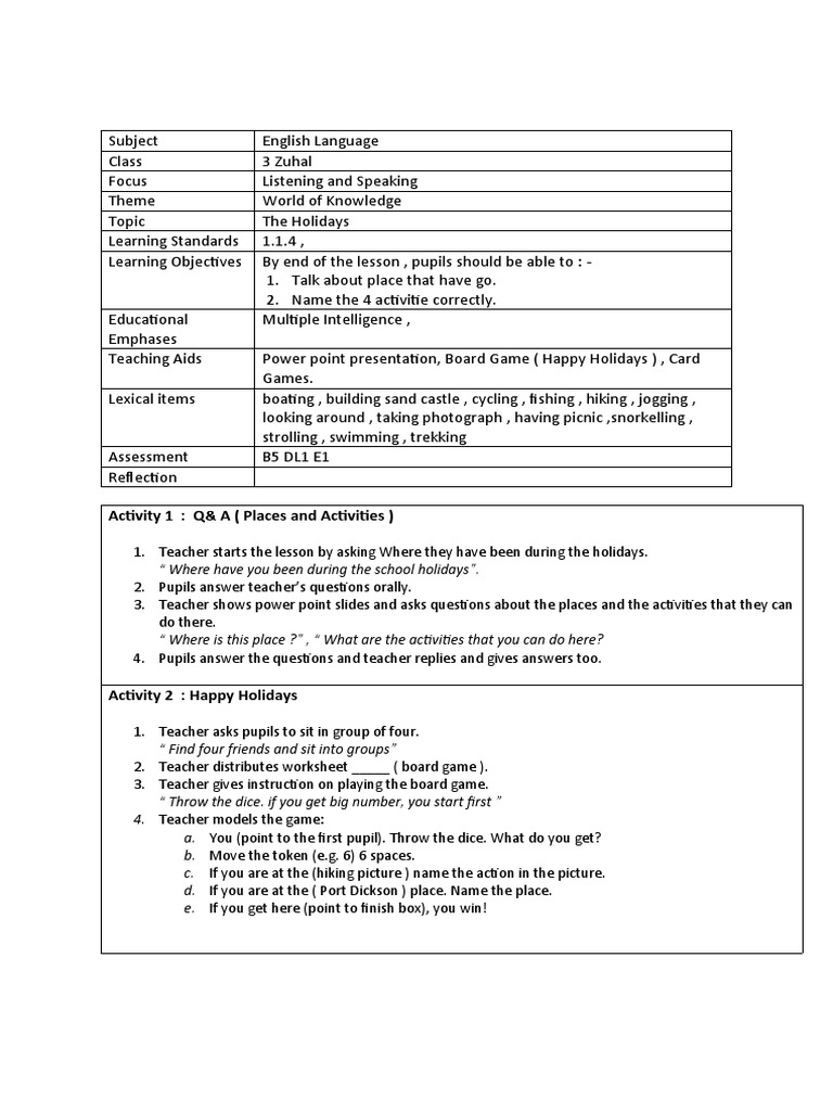 English Activities Lesson Plan | PDF | Teachers | Cognitive Science