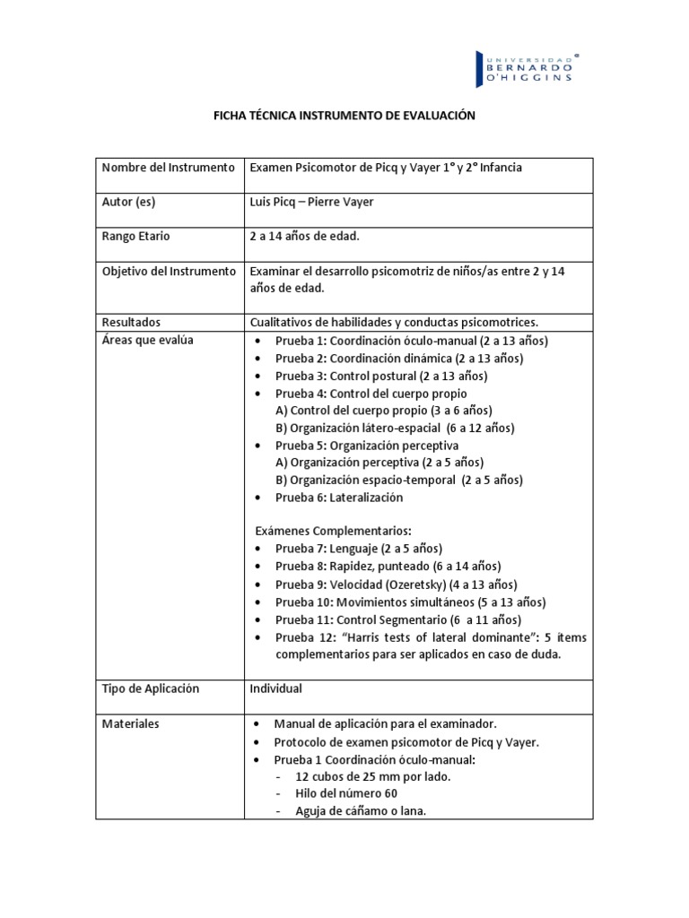 Ficha Técnica Examen Psicomotor de Picq y Vayer | PDF | Ocio ...