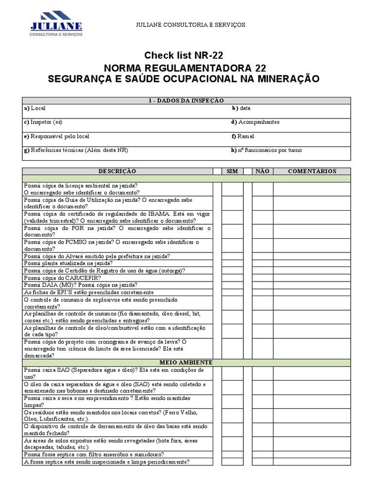 Check list NR-22 Norma Regulamentadora 22 Segurança E Saúde Ocupacional ...