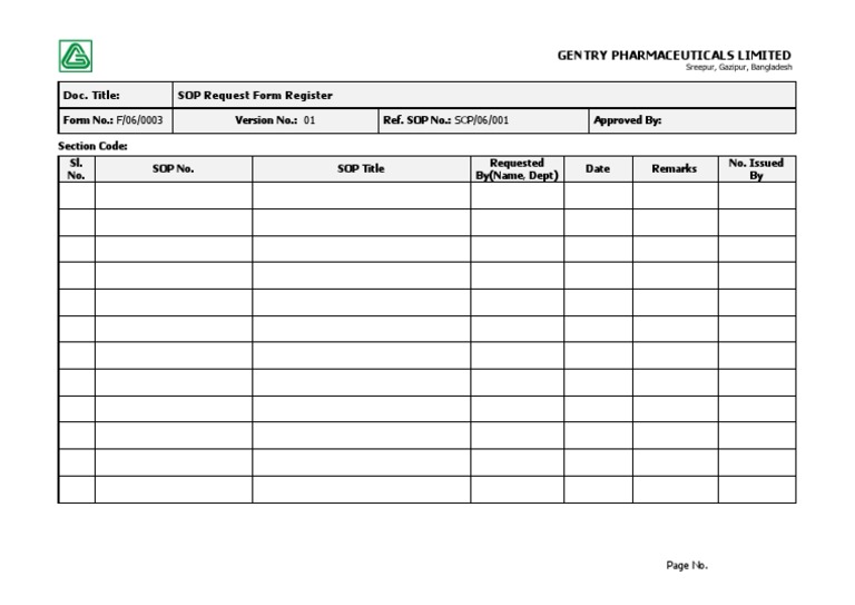 SOP Request Form Register Tracking SOP Requests and Approvals at Gentry ...