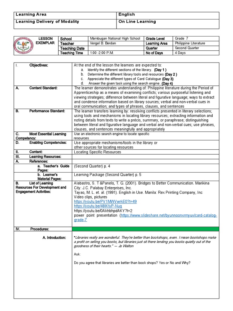 Lesson Exemplar: Library Resources Guide | PDF | Web Search Engine | Books