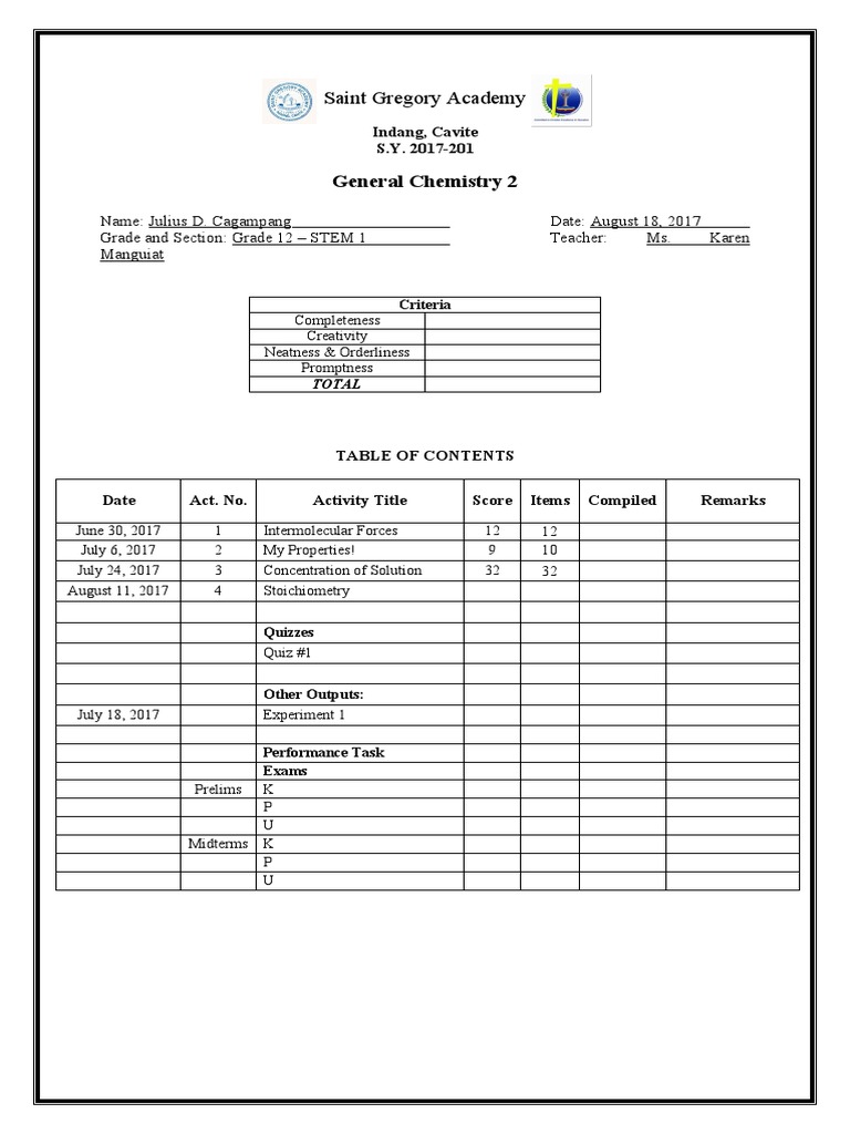 General Chemistry 2: Saint Gregory Academy | PDF