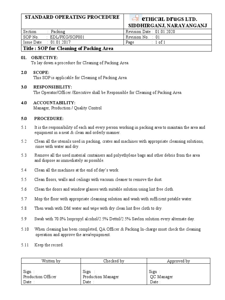SOP For Cleaning of Packing Area | PDF