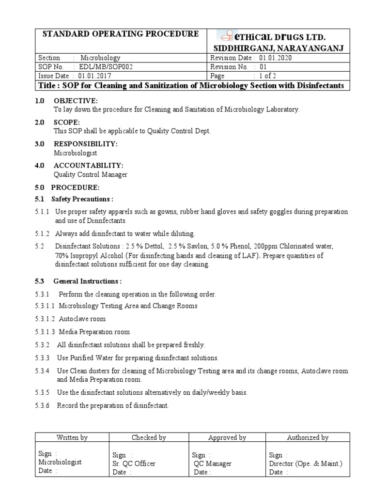 SOP For Cleaning and Sanitation of Microbiology Section With ...