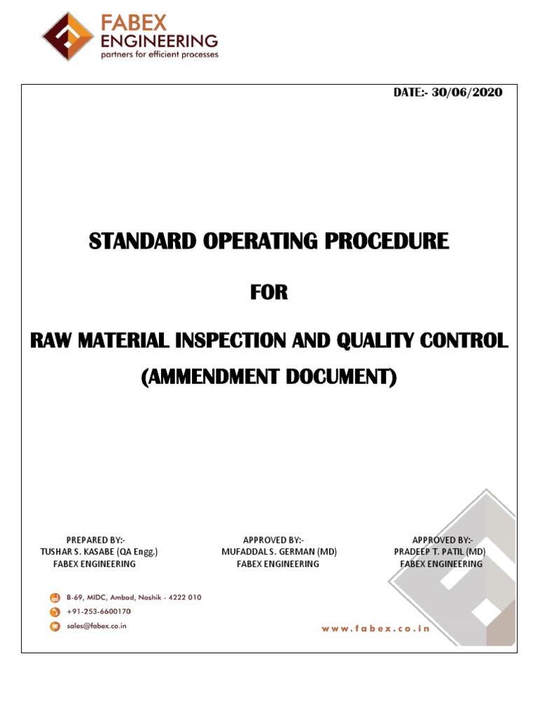 Raw Material Inspection SOP Amendment | PDF | Mechanical Engineering ...