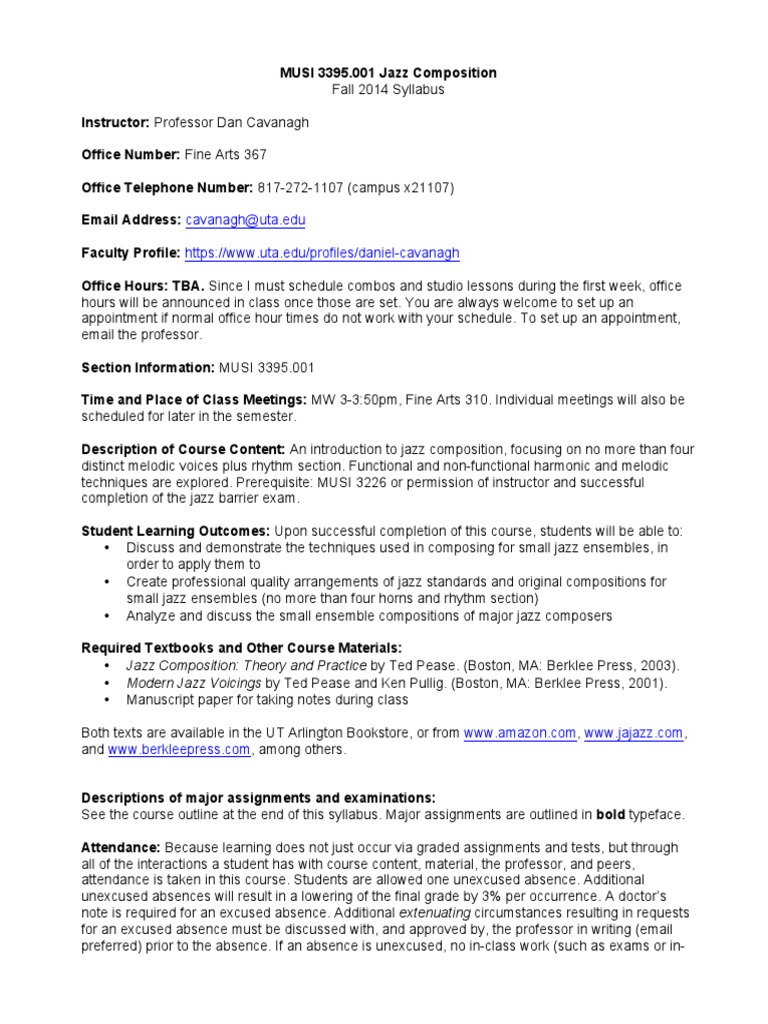 Jazz Composition Syllabus Fall 2014 MUSI 3395 | PDF | Test (Assessment ...