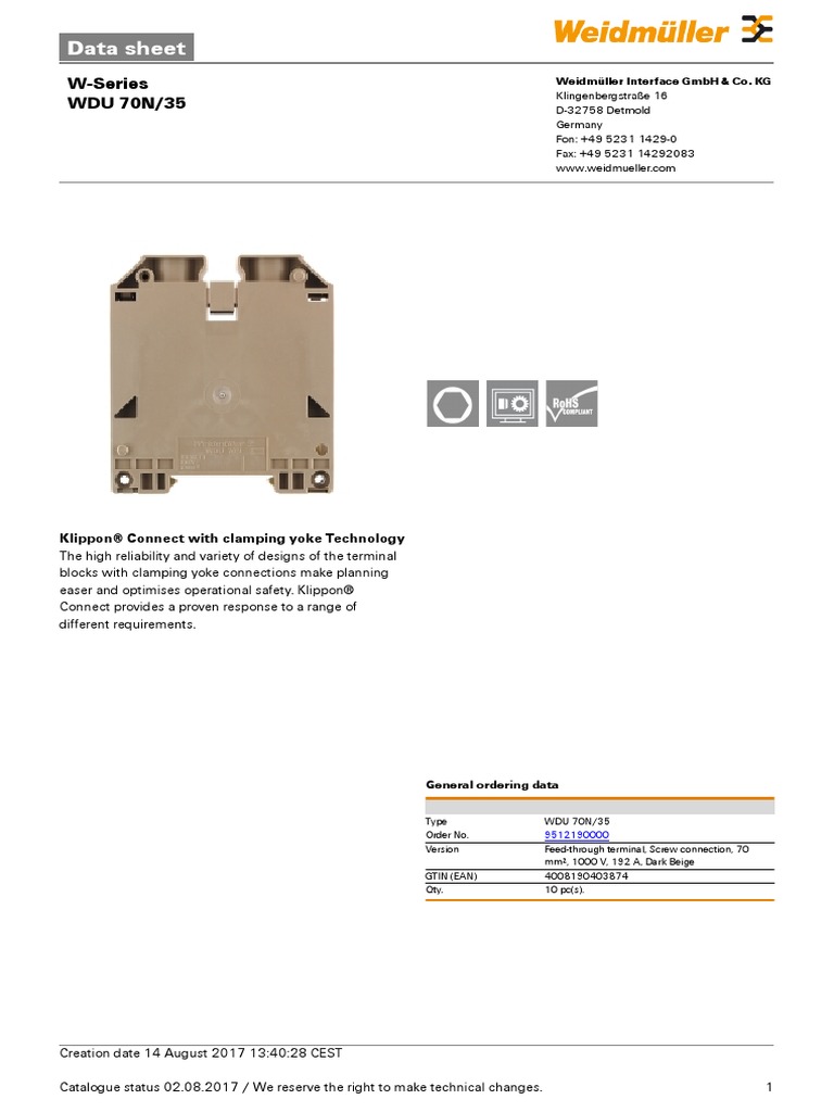 Data Sheet: W-Series WDU 70N/35 | PDF | Wire | Electrical Wiring