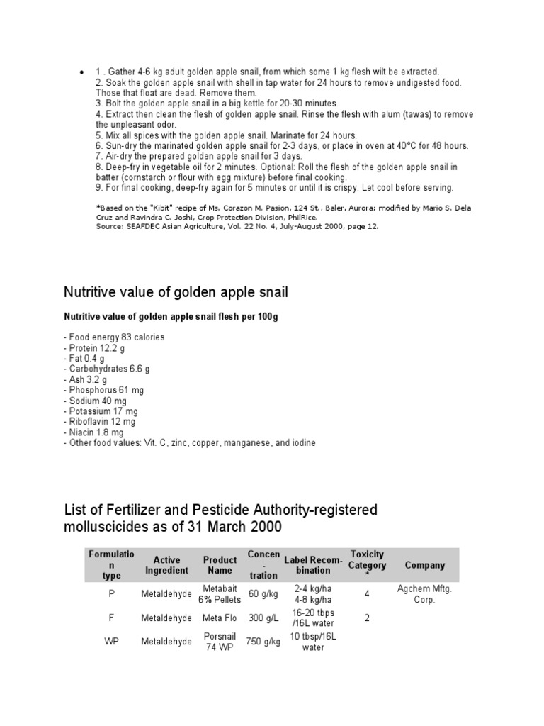 Nutritive Value of Golden Apple Snail Flesh Per 100g | PDF | Food And ...