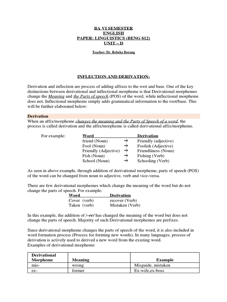 BA 6th Sem INFLECTION AND DERIVATION NOTE PDF | PDF | Part Of Speech | Word