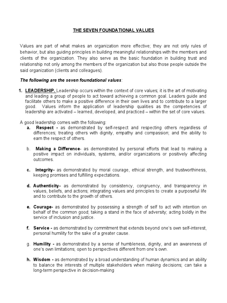 The Seven Foundational Values | Download Free PDF | Integrity | Value ...