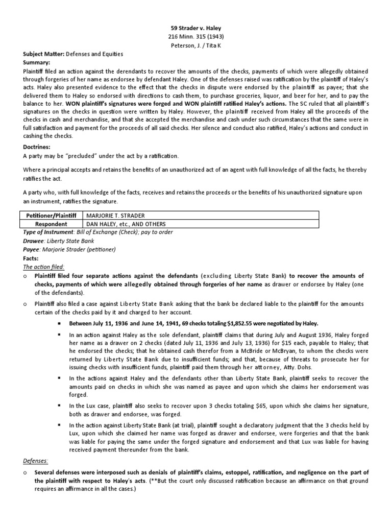 Strader v. Haley Digest | PDF | Ratification | Cheque