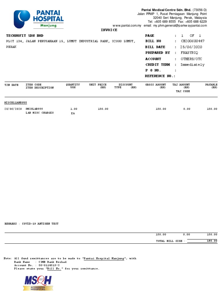 Invoice for COVID-19 Antigen Test from Pantai Medical Centre Sdn. Bhd ...