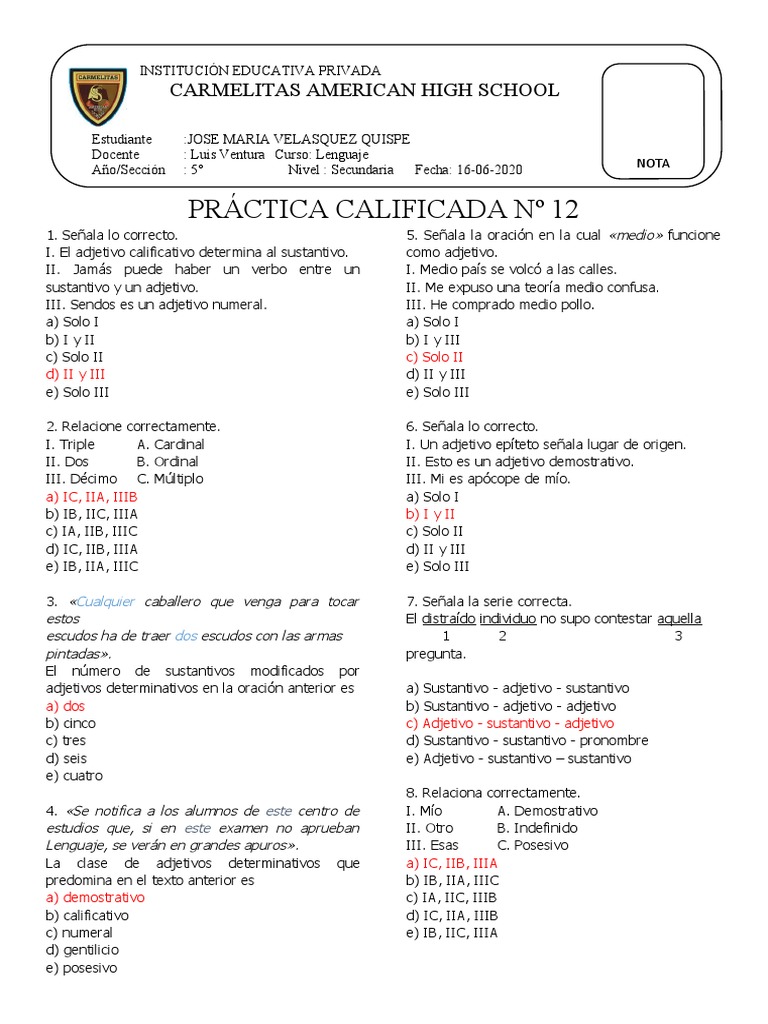 PRACT. LENG. 5° CLASE 12 | PDF | Adjetivo | Morfología